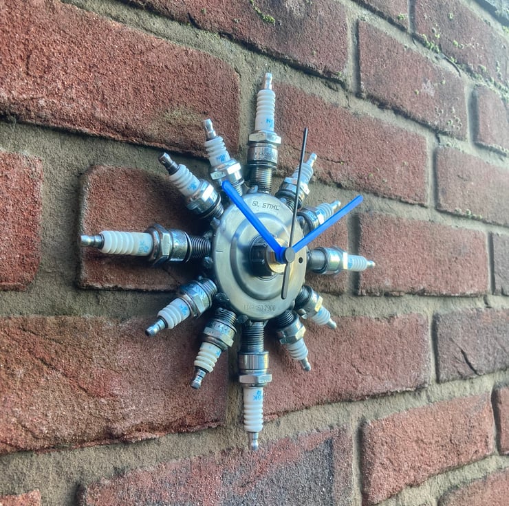 Sunburst Wall Clock, Repurposed Spark Plugs - Folksy