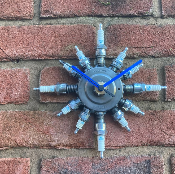 Sunburst Wall Clock, Repurposed Spark Plugs - Folksy