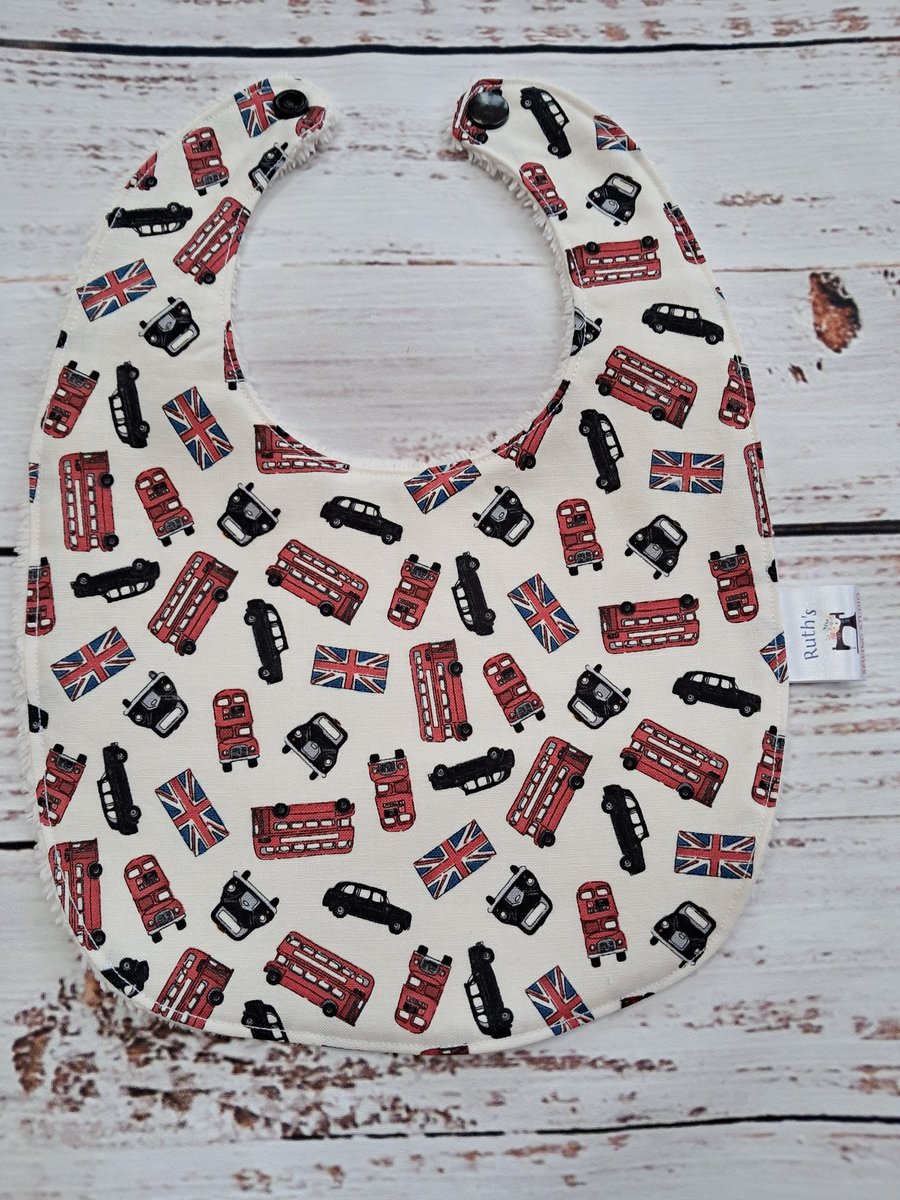 Newborn baby bib with London cabs and buses theme - Folksy
