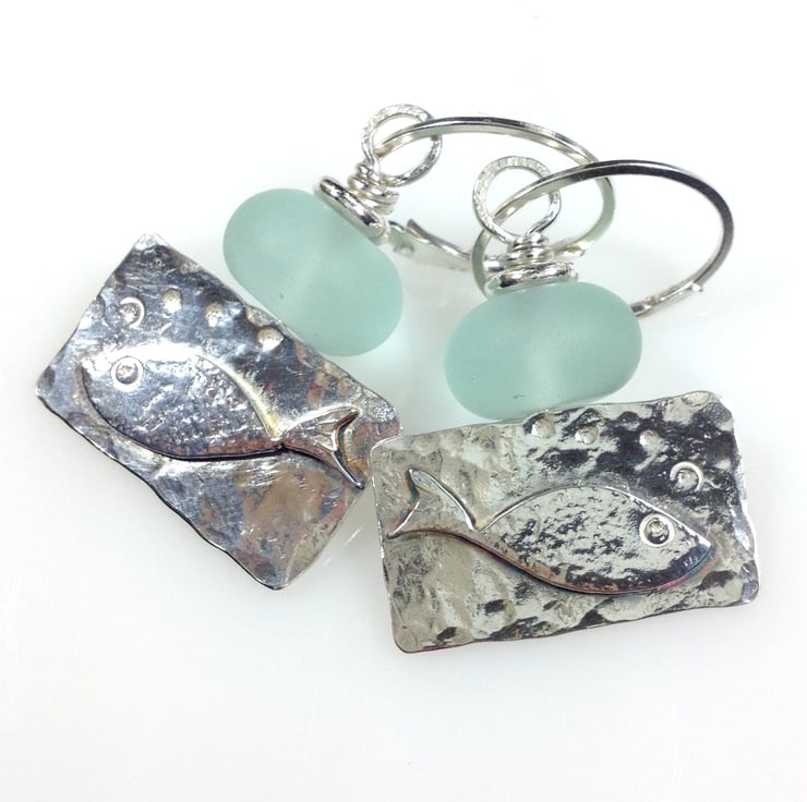Silver fish earrings with aqua sea glass - Folksy