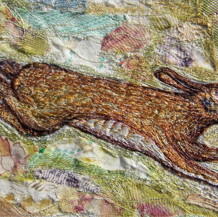 Running Hare - Original Embroidery Collage - Folksy