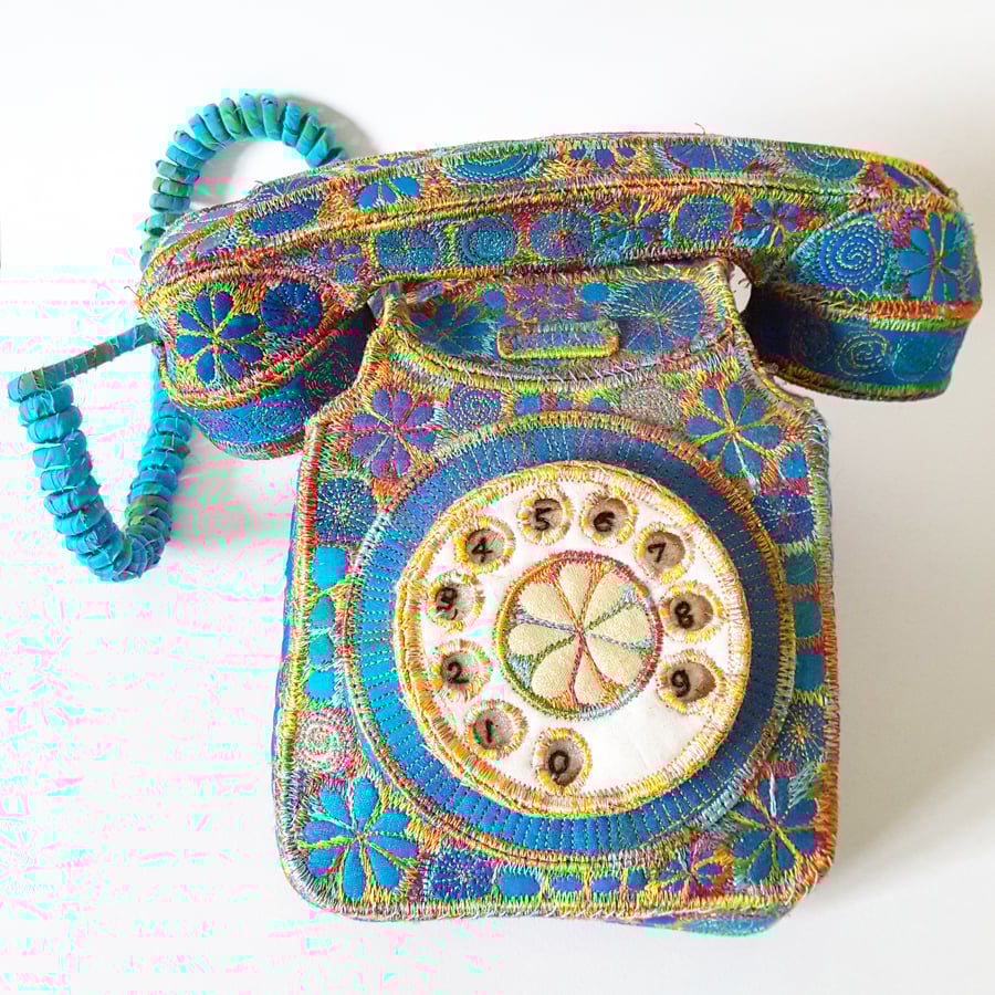 Telephone Textile Art Free Machine Embroidery H... - Folksy