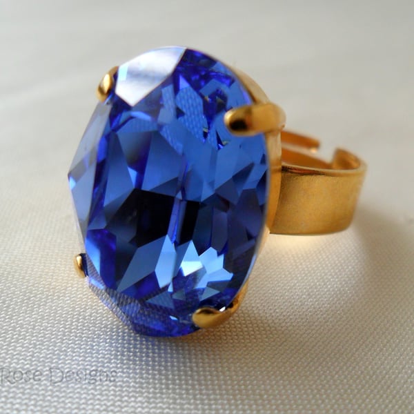 Large oval ring with a blue Swarovski crystal -... - Folksy