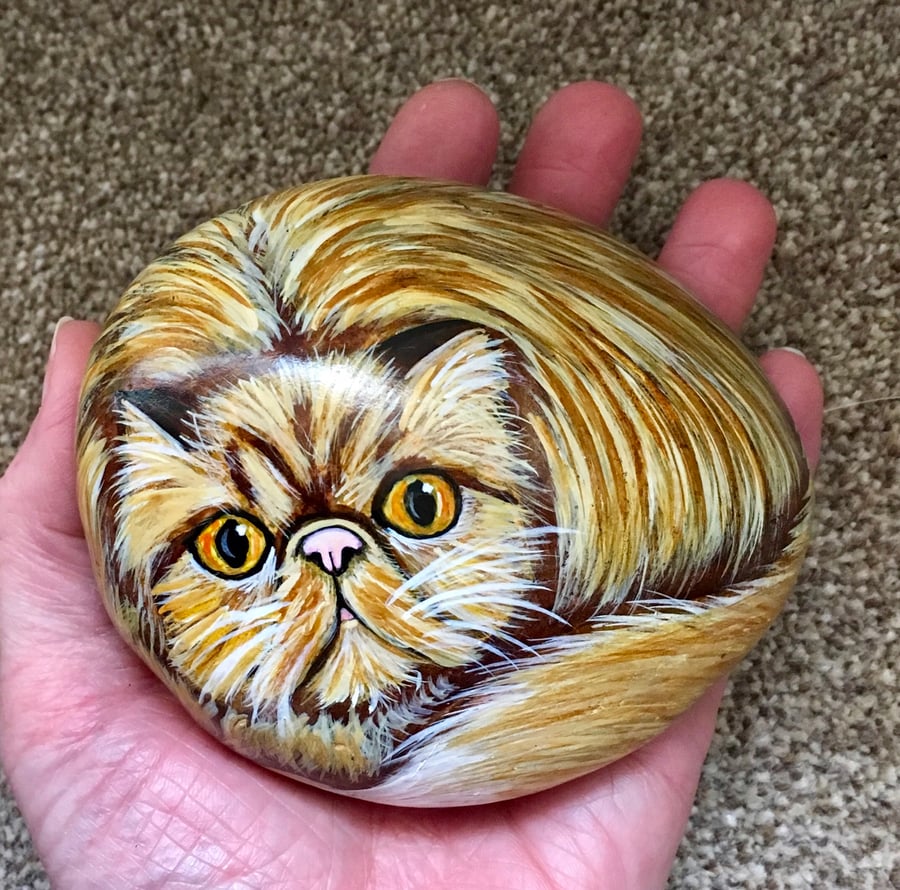 Cat hand painted pebble garden rock art pet Por... - Folksy