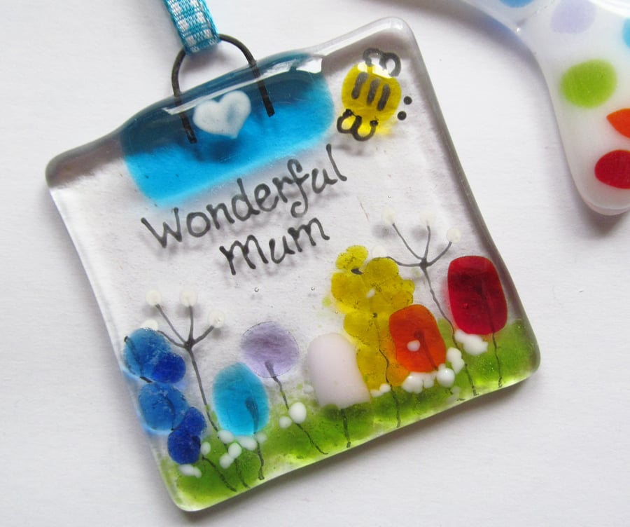 Wonderful Mum MINI Rainbow Fused Glass Suncatcher - Folksy