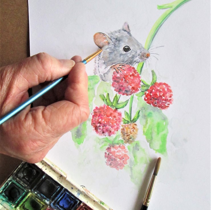 Cute Field Mouse and Raspberries art, original ... - Folksy