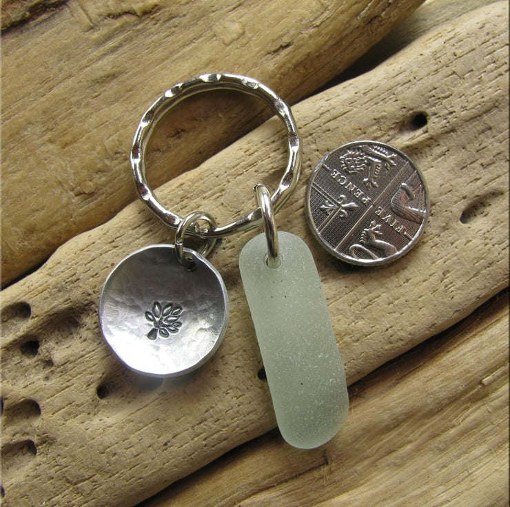 Natural sea glass, stamped keyring - Folksy