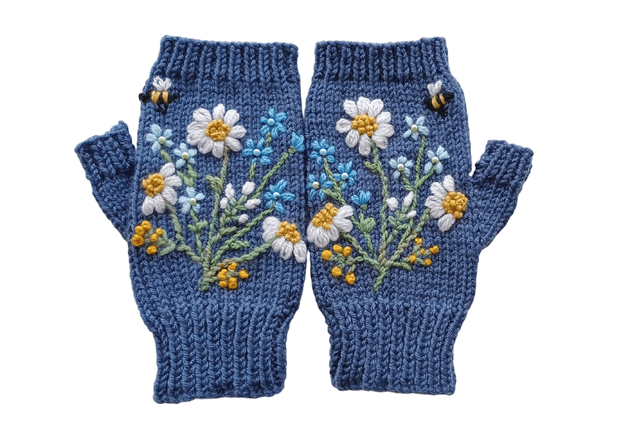 Hand Knitted Embroidered Blue Fingerless Gloves... - Folksy