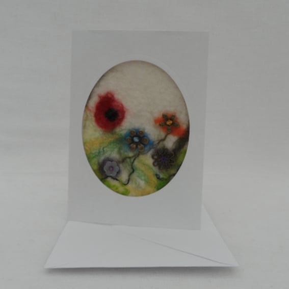 Greetings Card, felted with beaded flowers (ova... - Folksy