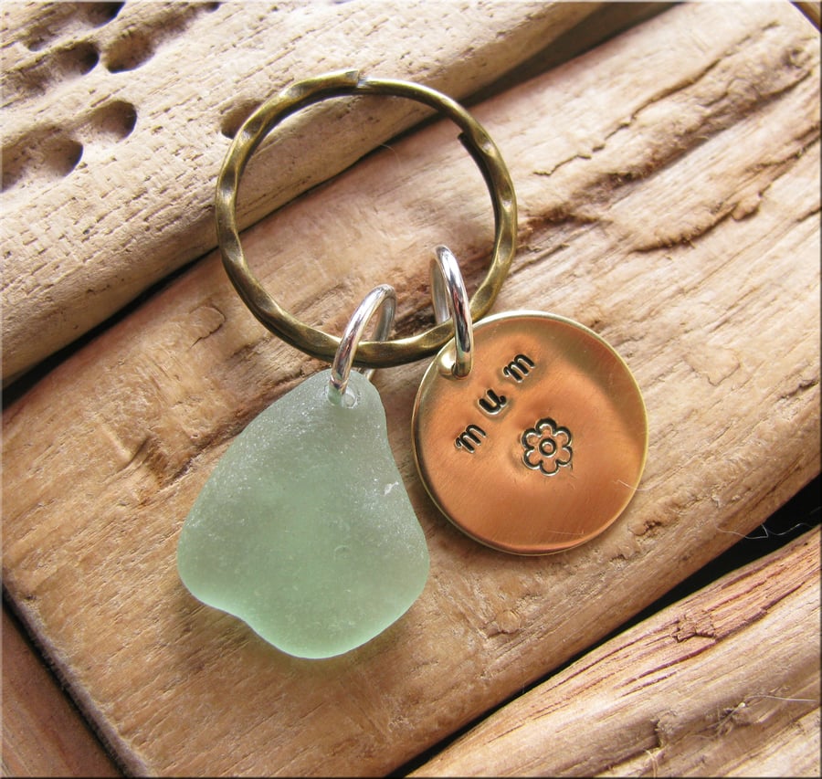 Natural sea glass, stamped keyring - Folksy