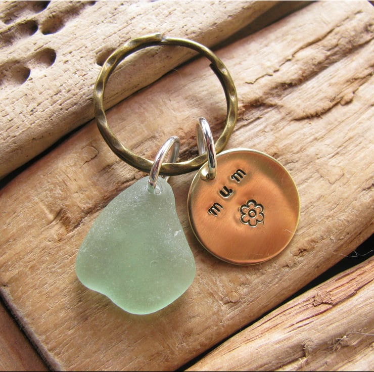 Natural sea glass, stamped keyring - Folksy
