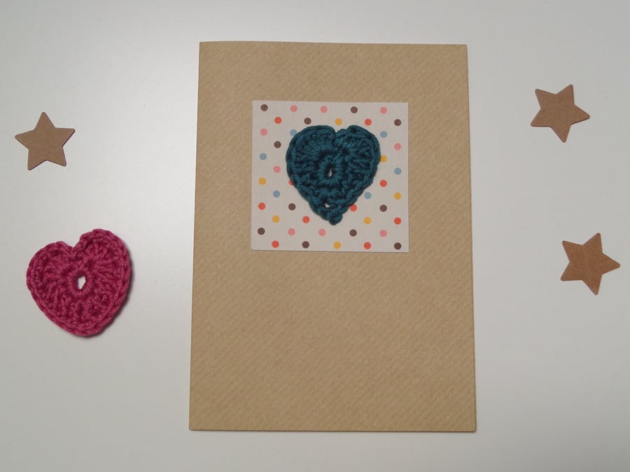 Crochet Heart Card - teal and spots - Folksy