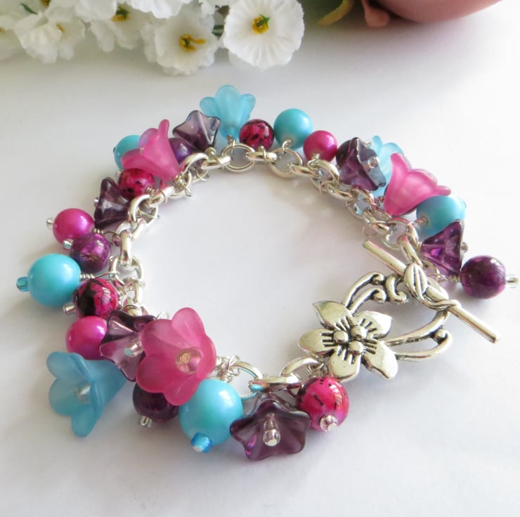 Spring Flowers Charm Bracelet - Pink, Purple, T... - Folksy