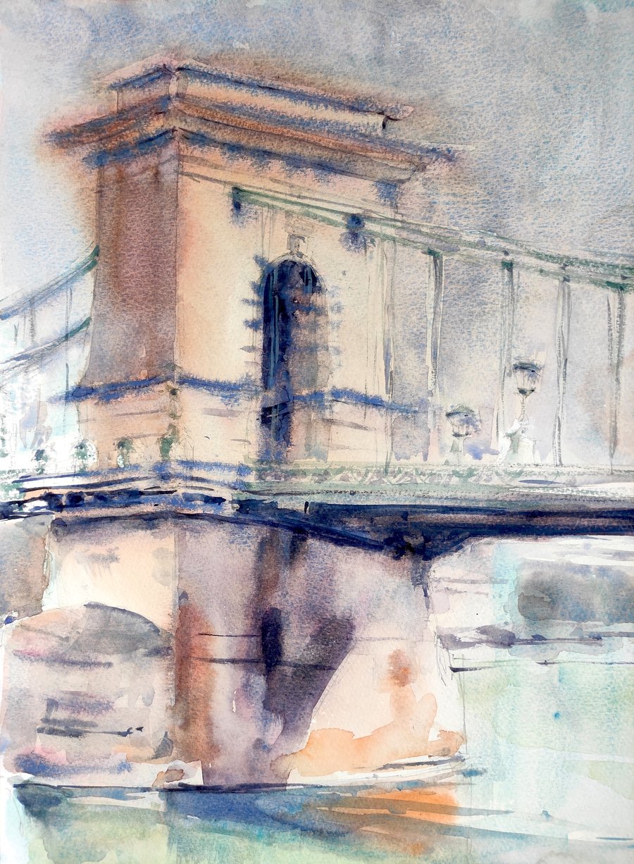 Budapest Chain Bridge, Watercolour architectura... - Folksy