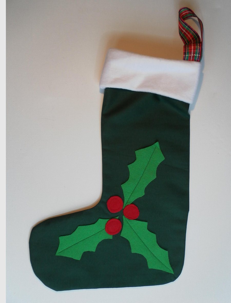 Christmas Stocking, Green with Holly Decoration - Folksy