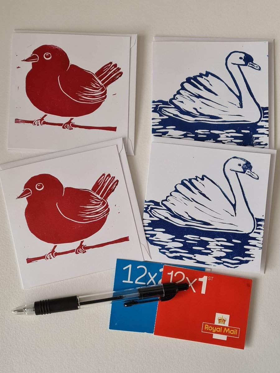 Multipack 4 notecards handprinted bird designs ... - Folksy