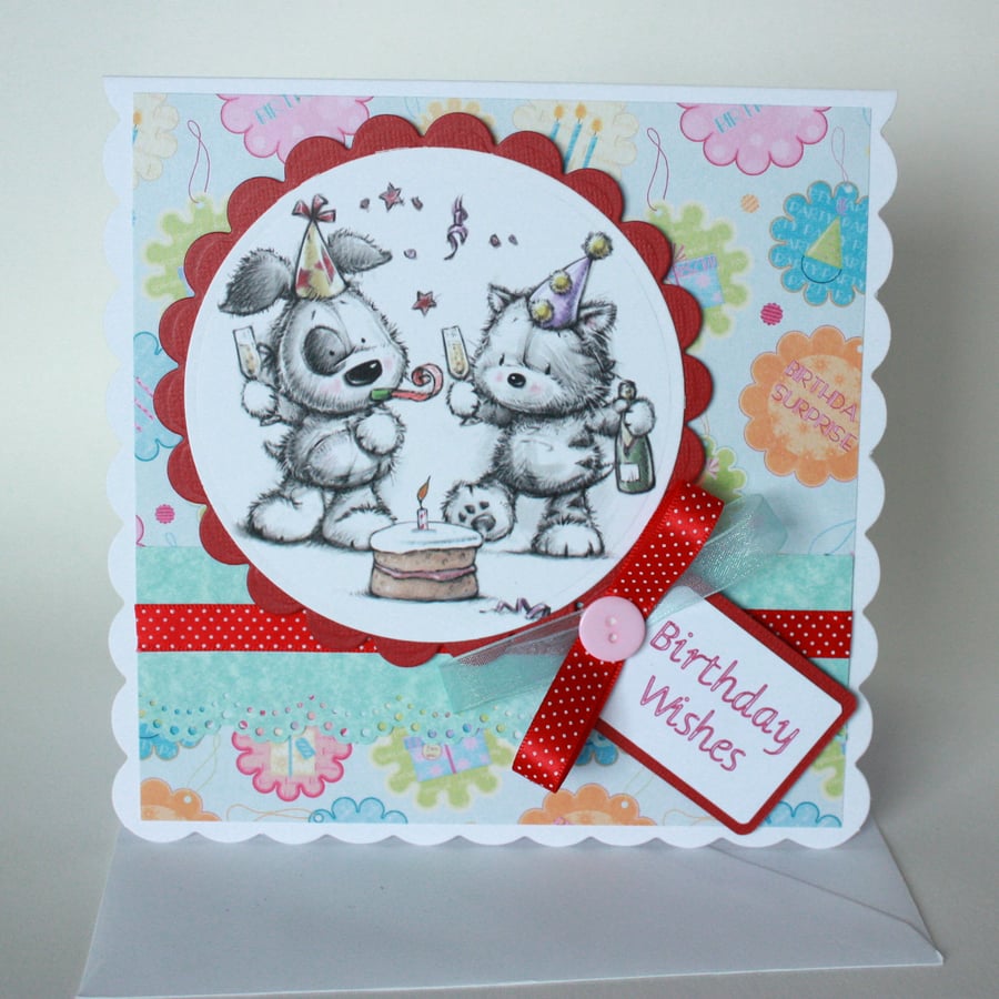 Cute dog and cat birthday card - Folksy