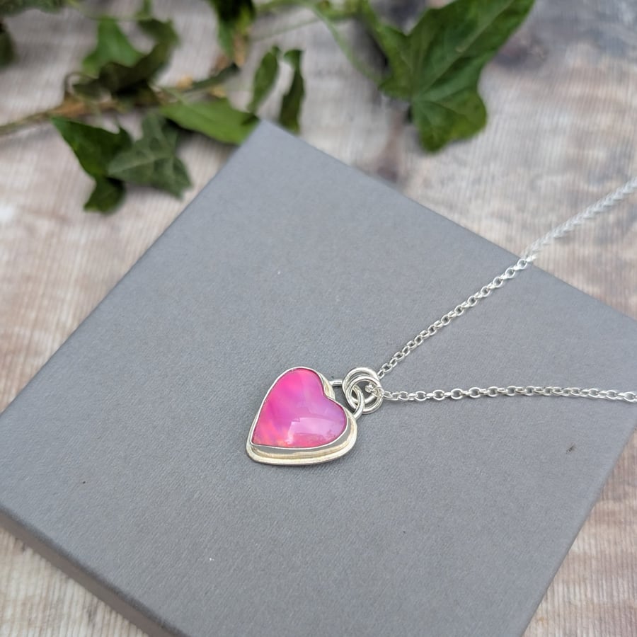 Sterling Silver Pink Aurora Opal Heart Necklace... - Folksy
