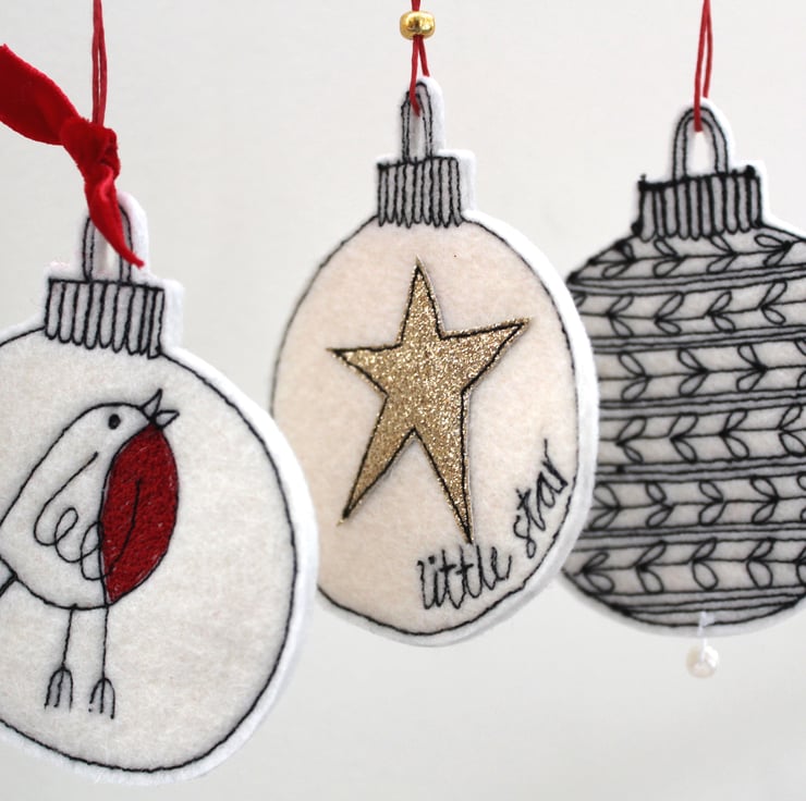 Three Wool Felt Christmas Baubles - Hanging Dec... - Folksy