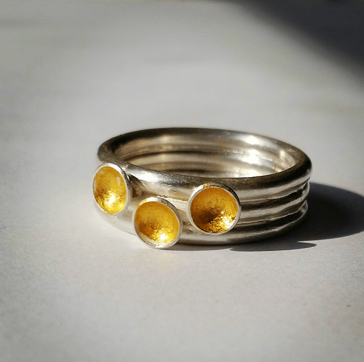 Triple band handmade silver ring with three gol... - Folksy