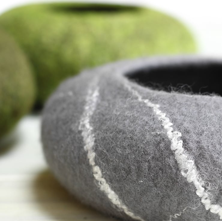 Mid Grey Felt Striped Pebble Bowl - hand felted... - Folksy