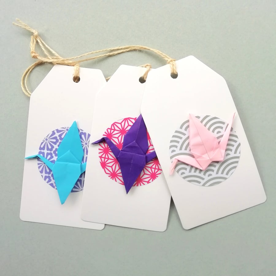 3 crane gift tags in purple, pink and blue - Folksy