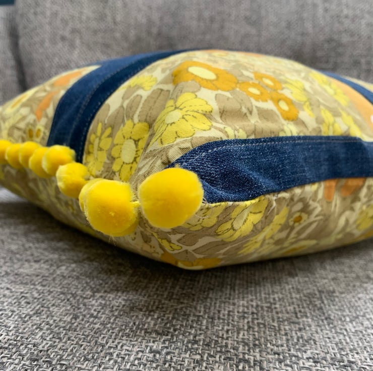 Patchwork denim and vintage Daisy Chain cushion... - Folksy