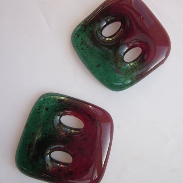 Handmade pair of cast glass buttons - Square ch... - Folksy