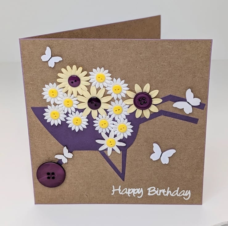 Gardening card with wheelbarrow, flowers and bu... - Folksy