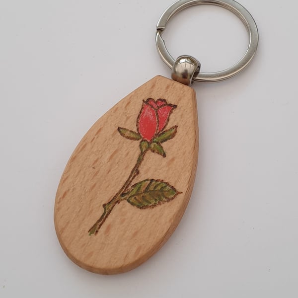 Flower keyring, Red rose wooden pyrography key... - Folksy