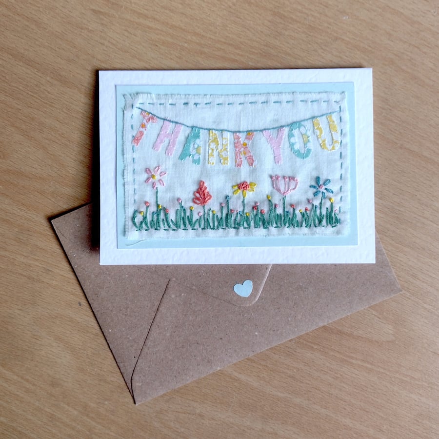 Thank You Fabric Bunting Card - Hand-Stitched -... - Folksy
