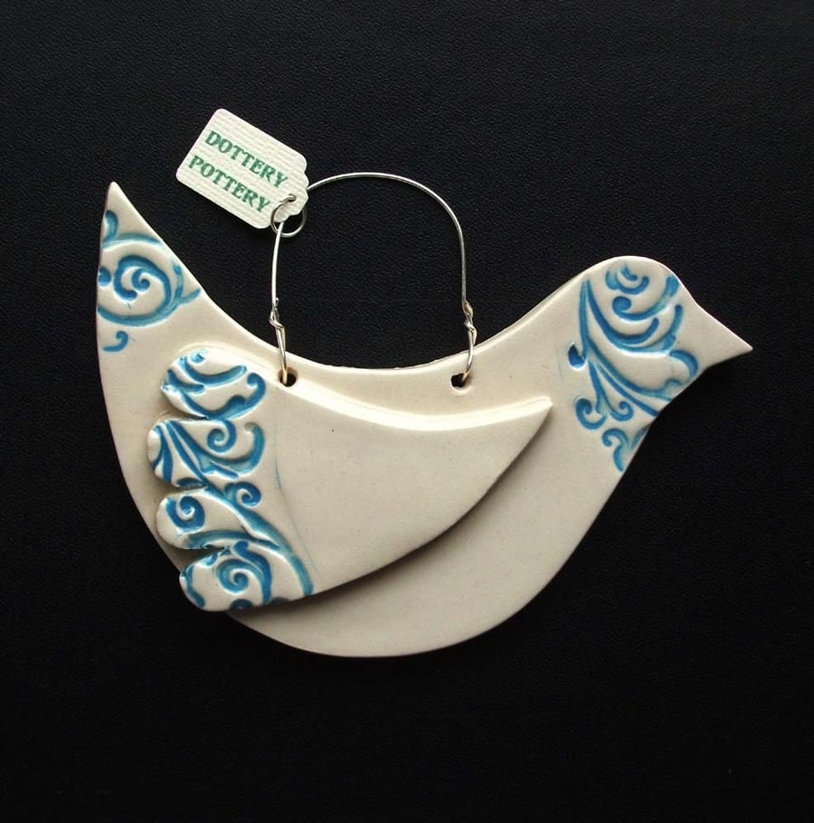 Ceramic bird decoration - blue - Folksy