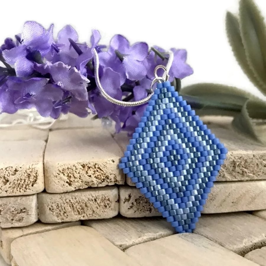 Shades of Blue Beaded Diamond Shaped Pendant - Folksy