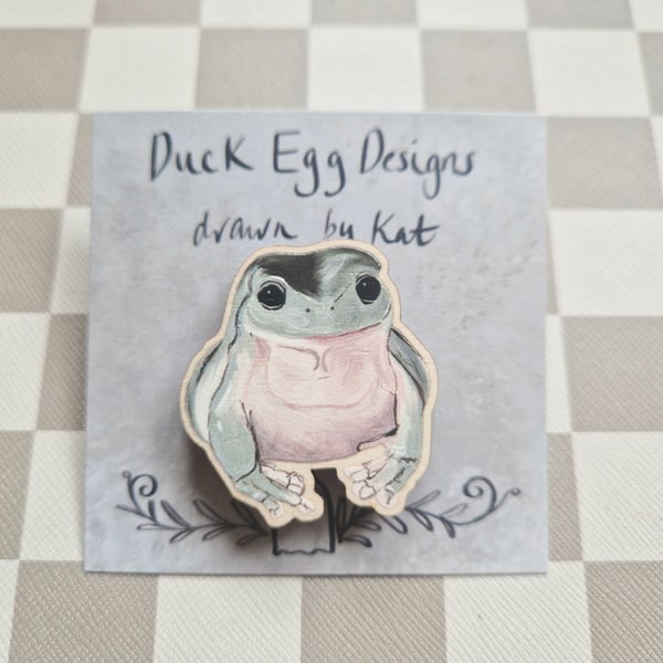 Green Frog Wooden Pin Badge - Folksy