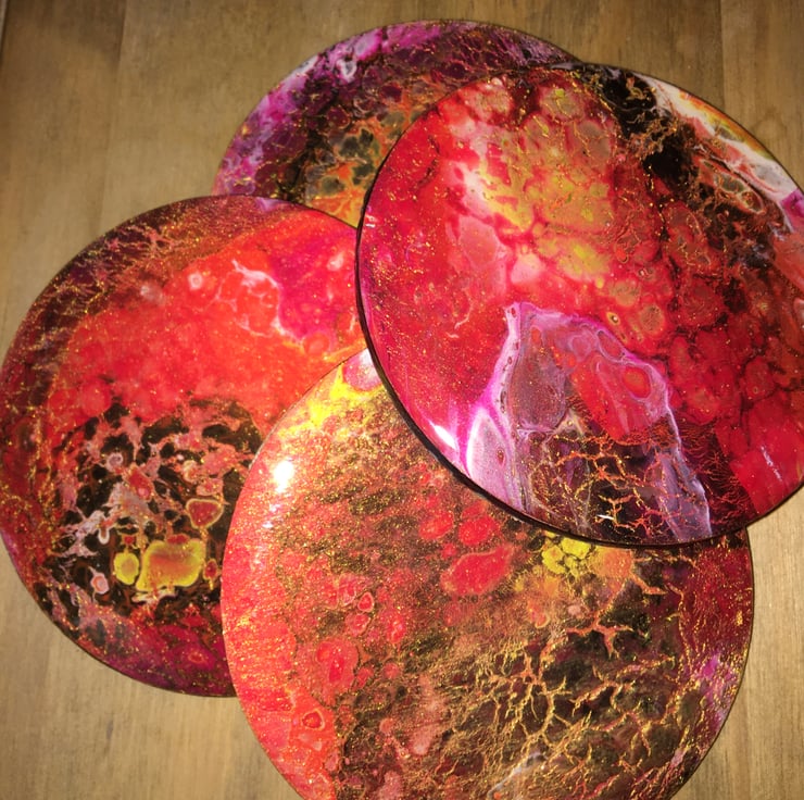 Red, lightweight, round , fluid art coasters,... - Folksy