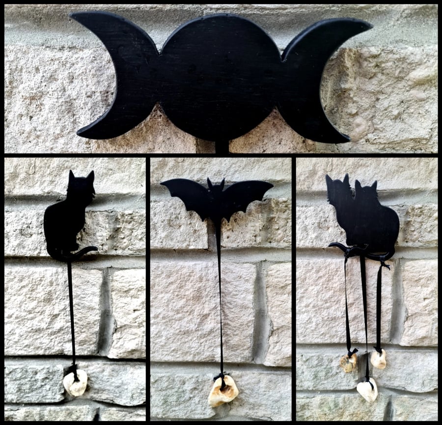 Wooden Bat, Cats and Triple Moon with hanging H... - Folksy