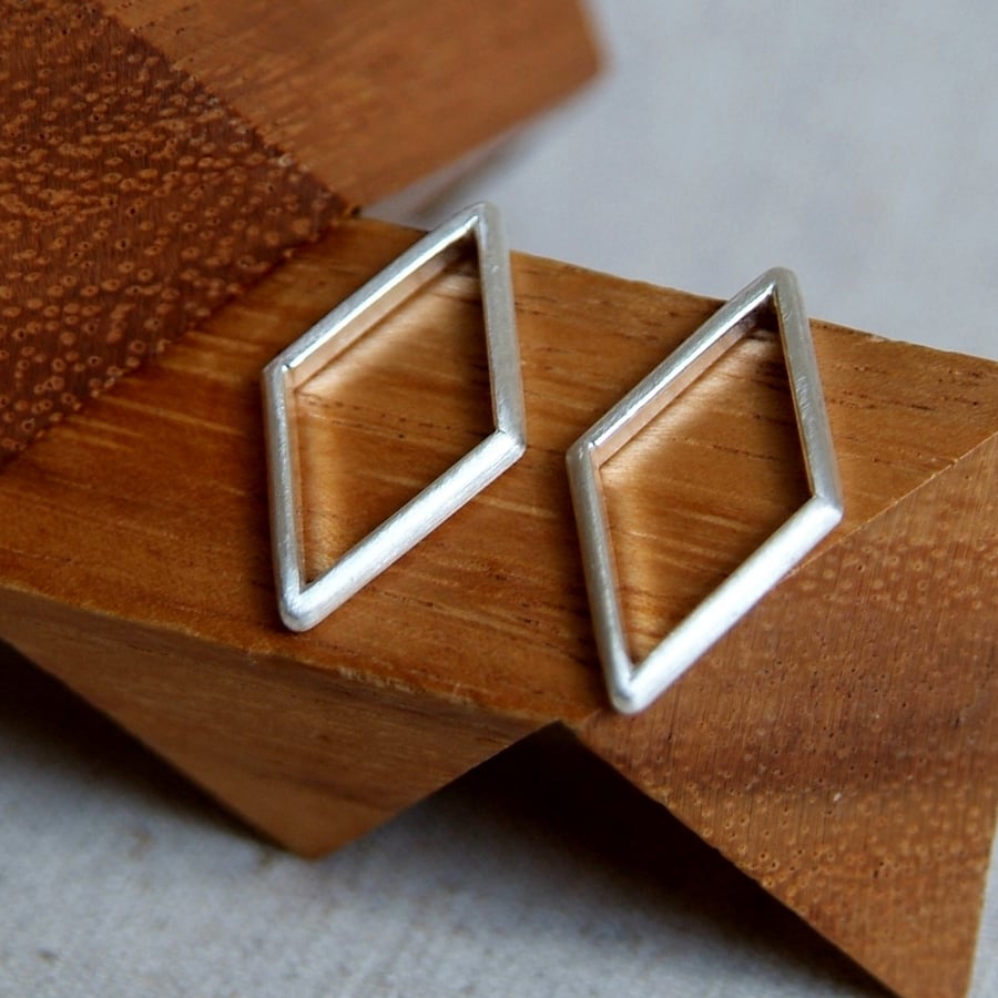 Geometric Silver Stud Earrings, Rhombus, Diamon... - Folksy