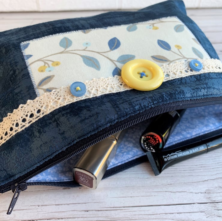 Large blue make up bag with leaf and berry prin... - Folksy