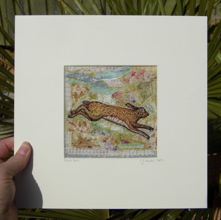 Running Hare - Original Embroidery Collage - Folksy