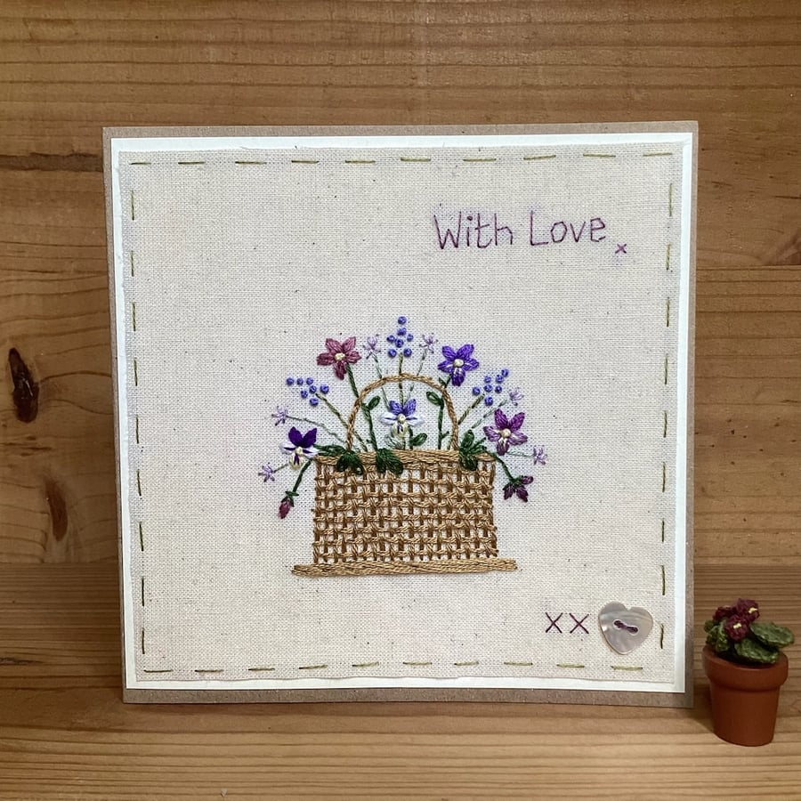 Basket of flowers hand embroidered card - Folksy