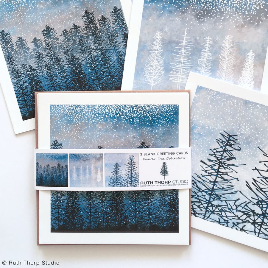 Winter Trees Greeting Cards pack of 3 blank ill... - Folksy