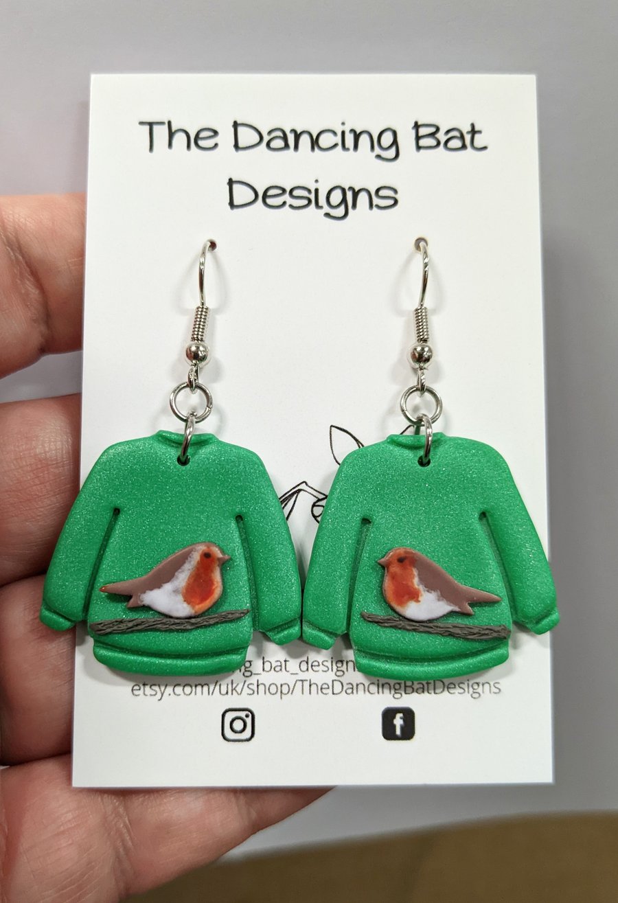 Green Christmas Jumper Earrings with Xmas Robin... - Folksy