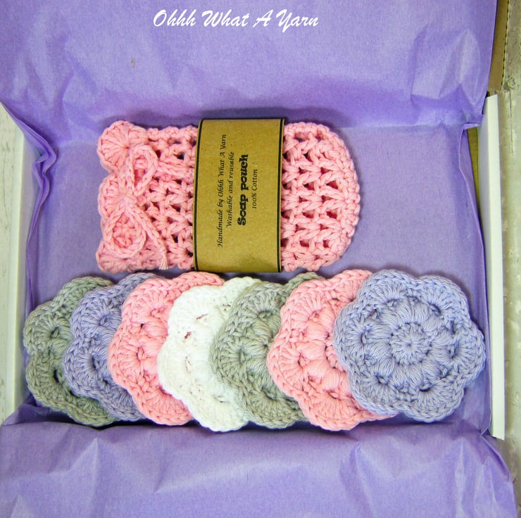 Pastel cotton scrubbies and soap saver, soap po... - Folksy