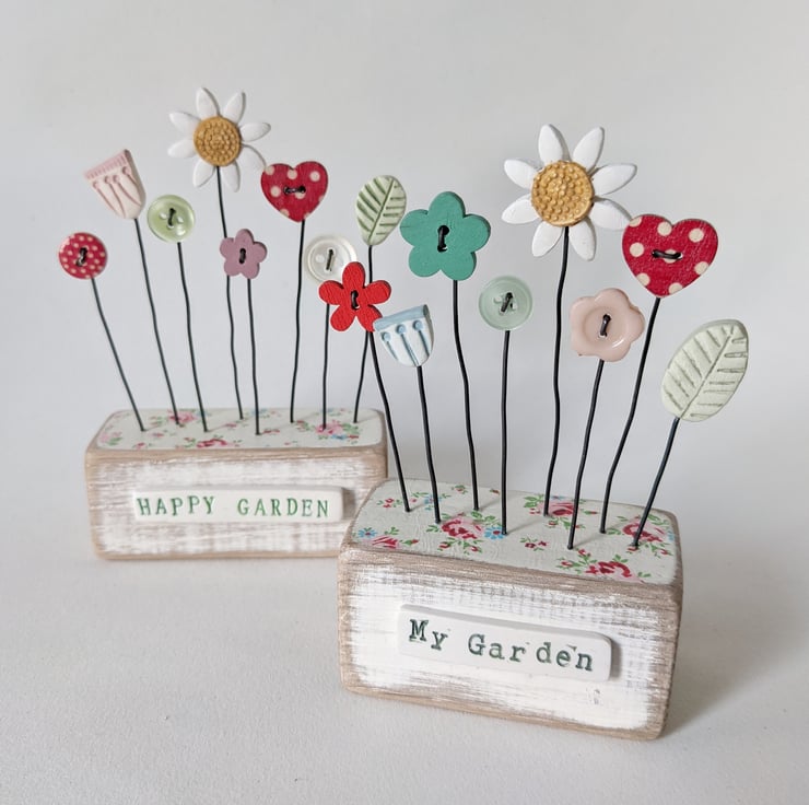 Clay and Button Flower Garden in a Wood Block '... - Folksy