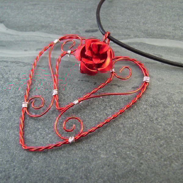 Filigree Red Wire Heart Pendant Necklace - Folksy