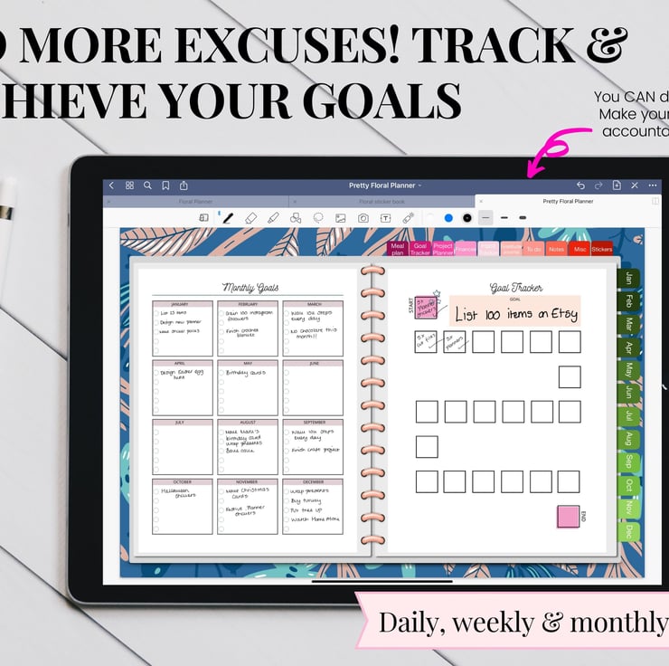 Mixed Floral Undated Digital Hyperlinked Planne... - Folksy