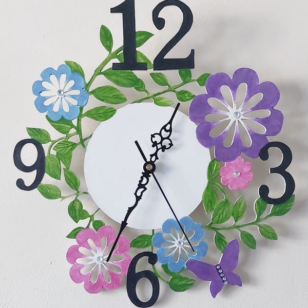 Handpainted floral and butterfly wall clock - Folksy