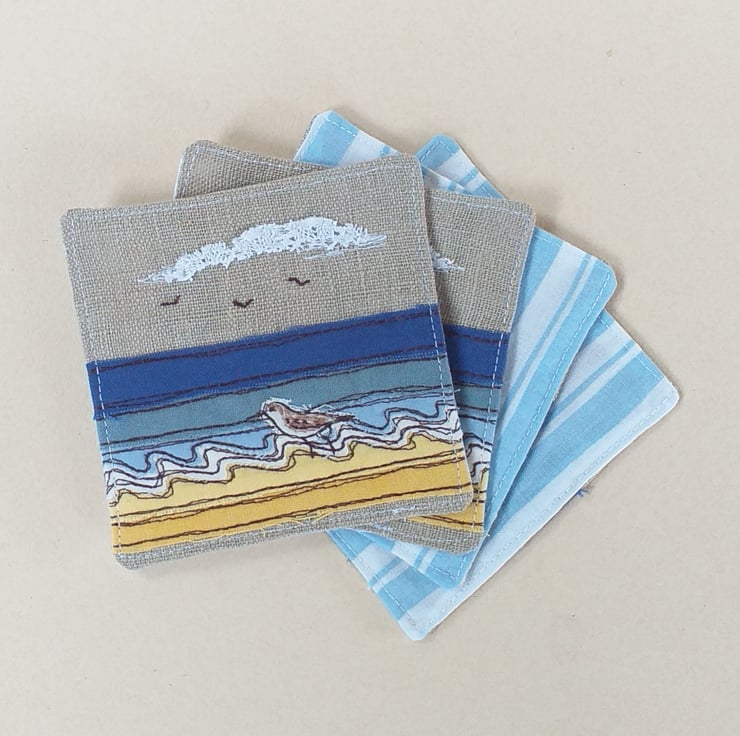 Fabric Coasters with Embroidered Seascape, Set ... - Folksy