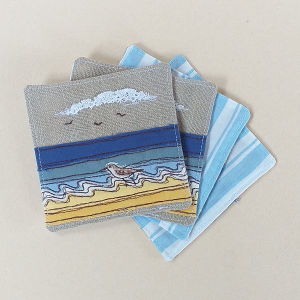 Fabric Coasters with Embroidered Seascape, Set ... - Folksy