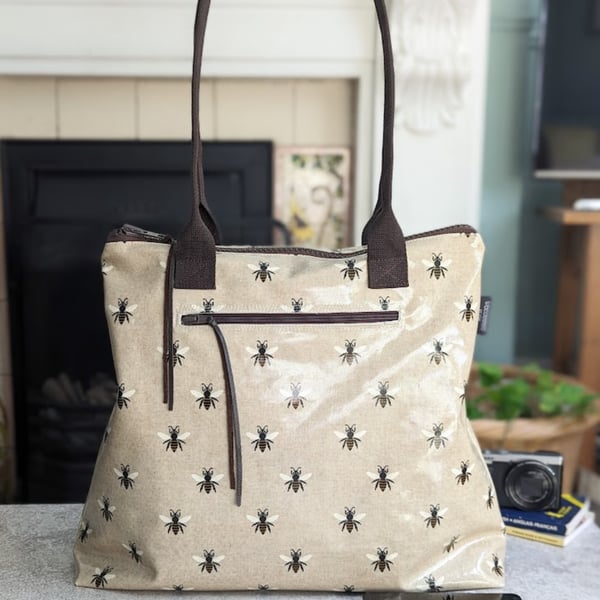 Oilcloth Large Shoulder Tote Bag with Bee Print - Folksy